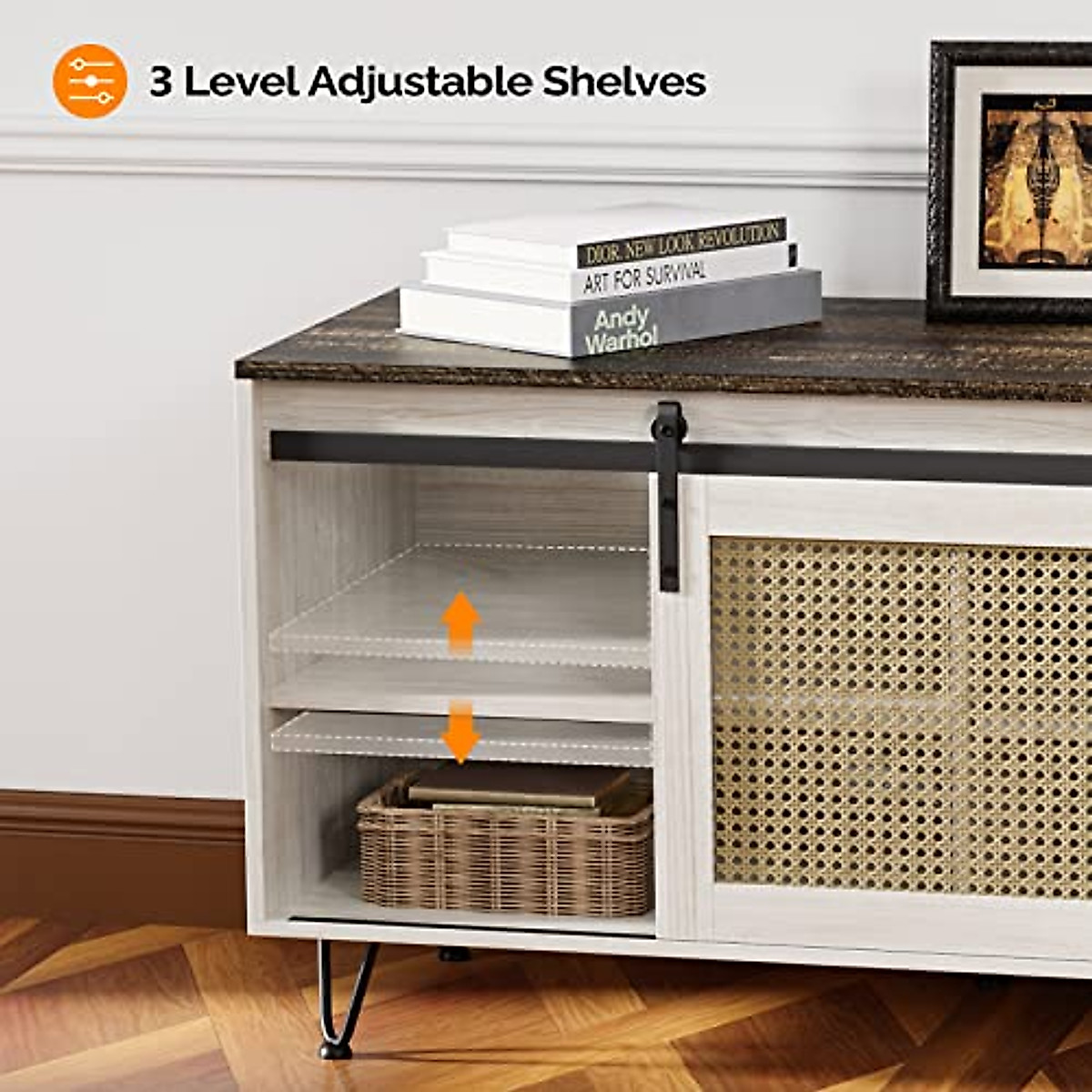 VINGLI Rattan TV Stand for TV's up to 75 Inch Farmhouse Boho Entertainment Center with Sliding Barn Door for Living Room, White, 70(W) x15.8(D) x23.6(H)