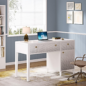 Tribesigns Computer Desk with Drawers, 47 Inches Home Office Desk with Storage Cabinet, Modern Study Writing Desk Makeup Vanity Table for Bedroom, White