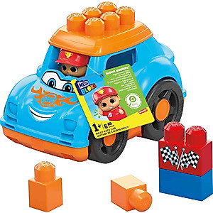 Mega BLOKS First Builders Toddler Building Blocks Toy Set, Ricky Race Car with 6 Pieces and Storage, 1 Figure, Blue, Ages 1+ Years