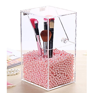 Jucoan Clear Acrylic Makeup Brush Holder with Lid, Pink Pearls, Cosmetic Makeup Brushes Holder with Cover, Brush Storage Organizer Case for Bathroom, Bedroom, Vanity, Countertop