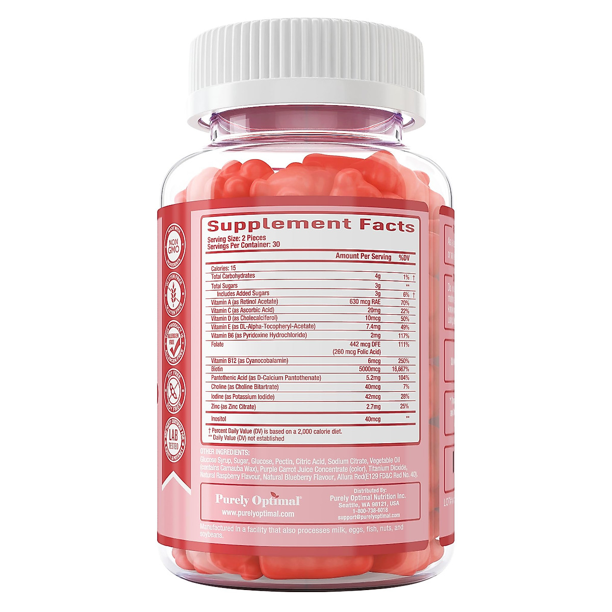 Premium Hair Vitamins Supplement-Gummy Vitamins w/Biotin, Folic Acid, Vitamins A&D-Supports Faster Hair Growth & Promotes Healthy Hair, Skin, & Nails-60 Non-GMO Berry Flavored Gummies