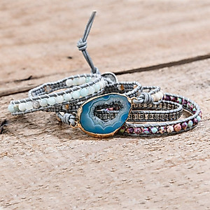 YGLINE Wrap Natural Stones Leather Wrap Around Stone Bracelet 5 Layer Natural Agate Beaded Leather Bohemian Tribal Bracelet