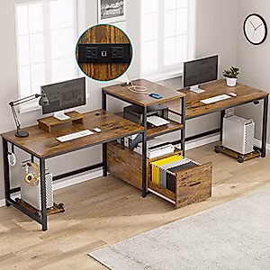 SEDETA 98" Home Office Desk, 2 Person Computer Desk with Letter/A4 File Drawer & Power Strip with USB, Long Desk with Storage, Printer Shelf & Monitor Stand for Home Office, Rustic Brown