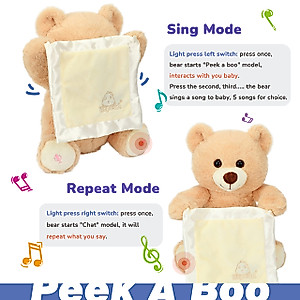 Hopearl Peek A Boo Bear with Security Blanket Interactive Repeats What You Say Plush Teddy Bear Toy Musical Singing Talking Stuffed Animal Adorable Electric Animate Birthday Festival, Beige, 11''