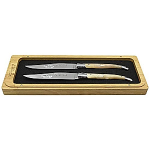Laguiole en Aubrac Luxury Fully Forged Full Tang Stainless Steel Steak Knives 2-Piece Set with Solid Horn Handle, Stainless Steel Shiny Bolsters