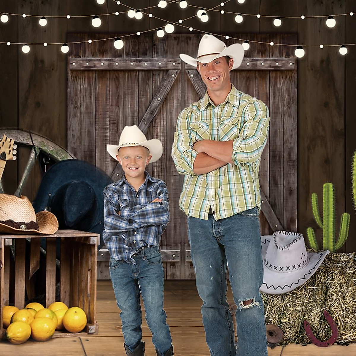ASOONYUM Western Cowboy Backdrop 7x5ft for Baby Shower Happy Birthday Party Supplies Decorations Kids Boy Child Portrait Background for Photography Wild West Wooden House Barn BBQ Door Banner Props