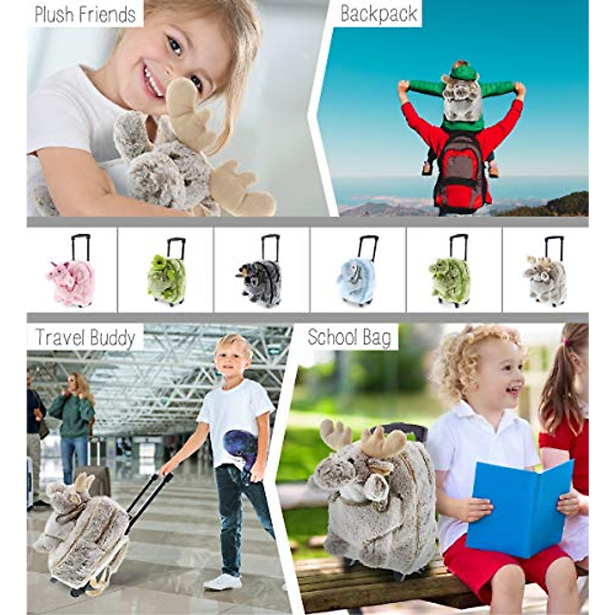 DolliBu Moose Plush Trolley & Purse Set - 3-in-1 Kids Trolley, Backpack, & Brown Moose Purse, Soft Plush Backpack on Wheels, Rolling Bag with Removable Plush Toy Purse - 15"