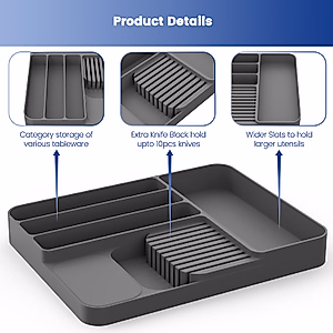 OUTXE Silicone Silverware Drawer Organizer, Non-Slip Utensil Organizer for Kitchen Drawers, Cutlery Tray with Extra Knife Block, 4 Compartments Flatware Organizer for Spoon and Fork, Grey