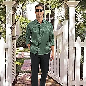 EliteSpirit Mens Rose Printed Dress Shirts Floral Button Down Shirt Long Sleeve Shirts for Party Prom Green S