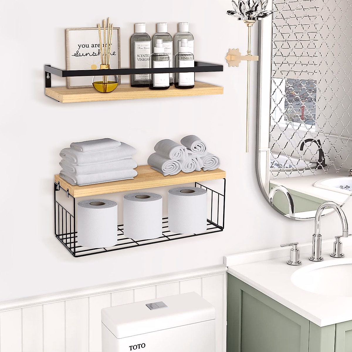 3 Set Bathroom Shelves Wall Mounted Over Toilet,Floating Shelves for Bathroom with Toilet Paper Storage Basket,Solid Wood Bathroom Wall Organizer with Metal Frame for Bathroom, Kitchen, Bedroom