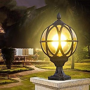 MODEBHD IP65 Waterproof Outdoor Spherical Column Head Lamp Vintage Retro Fence Garden Landscape Spotlight Lantern E27 Aluminum Villa Wall Terrace Courtyard Lighting Post Lights