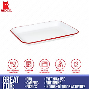 Red Co. 13.5” x 10” Enamelware Metal Classic 1.6-Quart Rectangular Serving Tray, Solid White/Red Rim