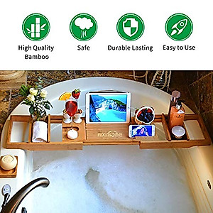 Little kuku Bathtub Tray - Bathtub Caddy Tray for Luxury Bath - Expandable Bamboo Bathtub Tray with Book and Wine Holder - Extra Soap Dish (Yellow)