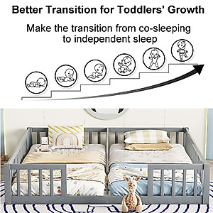 Mirightone Double Twin Bed Frames for Kids, Wood Montessori Bed with Fence Guardrails, Double Twin Floor Bed Side by Side for Boys Girls Children, Grey