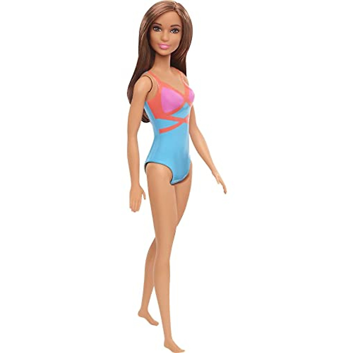 Barbie Doll, Brunette, Wearing Blue, Pink and Orange Swimsuit, for Kids 3 to 7 Years Old