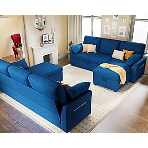 VanAcc Sofa Bed, Sleeper Sofa with Storage Chaise- 2 in 1 Pull Out Couch Sofa for Home Office, Living Room, Comfy Sofa Sleeper, Blue Linen Couch