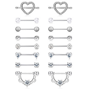FINREZIO 8 Pairs 14G Nipple Rings 316L Surgical Steel Heart CZ Tongue Barbell Body Piercing Shield Ring Set 5/8 Inches(Silver tone)