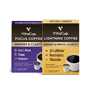 VitaCup Lightning Coffee Pods, Enhance Memory & Focus w/ 2X Caffeine,16CT | Focus Mushroom Coffee Pods, Boost Focus & Immunity w/Lions Mane, Chaga, B Vitamins, D3 16CT