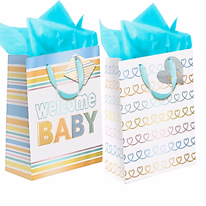 YE GIVING Gift Bags For Baby Shower With Tissue, 10"x5"x13" Baby Gift Bags Pack Of 2 Designs. Gift Bag Set for New Baby, Includes Tissue Paper And Tags.