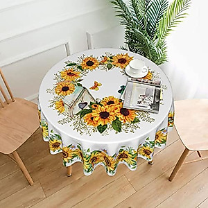 smuxqni Blooming Sunflower Tablecloth Round 60 Inch- Summer Yellow Floral Table Cloth Washable Reusable Farmhouse Sunflower Table Cover Table Cloth for Home Patio Party Picnic