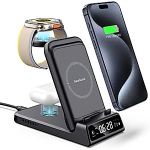 SwanScout Wireless Charging Station for iPhone, SwanScout 703A, Wireless Charger for iPhone 15/14/13/12/11 Series, for Apple Watch Ultra 2/9/8/7/6/5/SE, for Airpods Pro 2, Travel Foldable and Portable