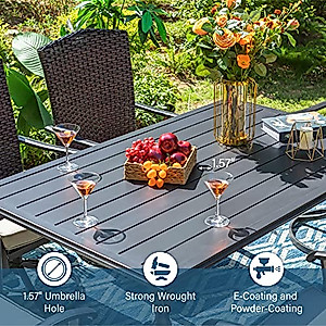 MIXPATIO Outdoor Patio Dining Set 7 Pcs, 6 Rattan C-Spring Motion Chairs with Padded Removable Sponge Cushion & Metal Dining Table, Patio Furniture Set for Lawn, Garden, Yards, Poolside