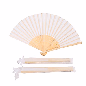 Sepwedd 50pcs White Imitated Silk Fabric Bamboo Folded Hand Fan Bridal Dancing Props Church Wedding Gift Party Favors with Gift Bags