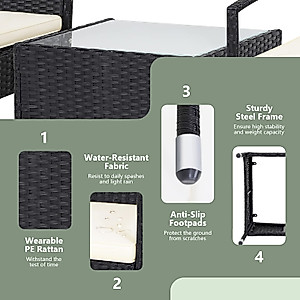 RELAX4LIFE 3-Piece Patio Furniture Set - Rattan Conversation Set, Wicker Bistro Set w/2 Chairs, Glass Coffee Table, Steel Frame, Outdoor Chairs Set for Yard Balcony, Front Porch Furniture (Beige)