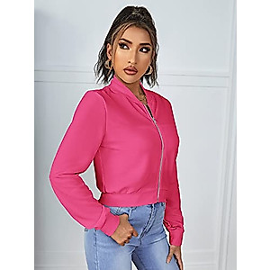 SweatyRocks Women's Casual Long Sleeve Solid Zip Up Coat Crop Bomber Jacket Solid Hot Pink M
