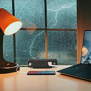 Under Desk Power Strip, Adhesive Wall Mount with USB, Black Desktop Power Outlets, Removable Mount Multi-Outlets with 4 USB Ports, Power Socket Connect 4 Plugs for Home Office Reading