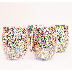 Wild Eye Designs Double Wall Insulated Wine Borosilicate Glass, Rainbow Confetti Set of 4pcs Small 13 fl oz