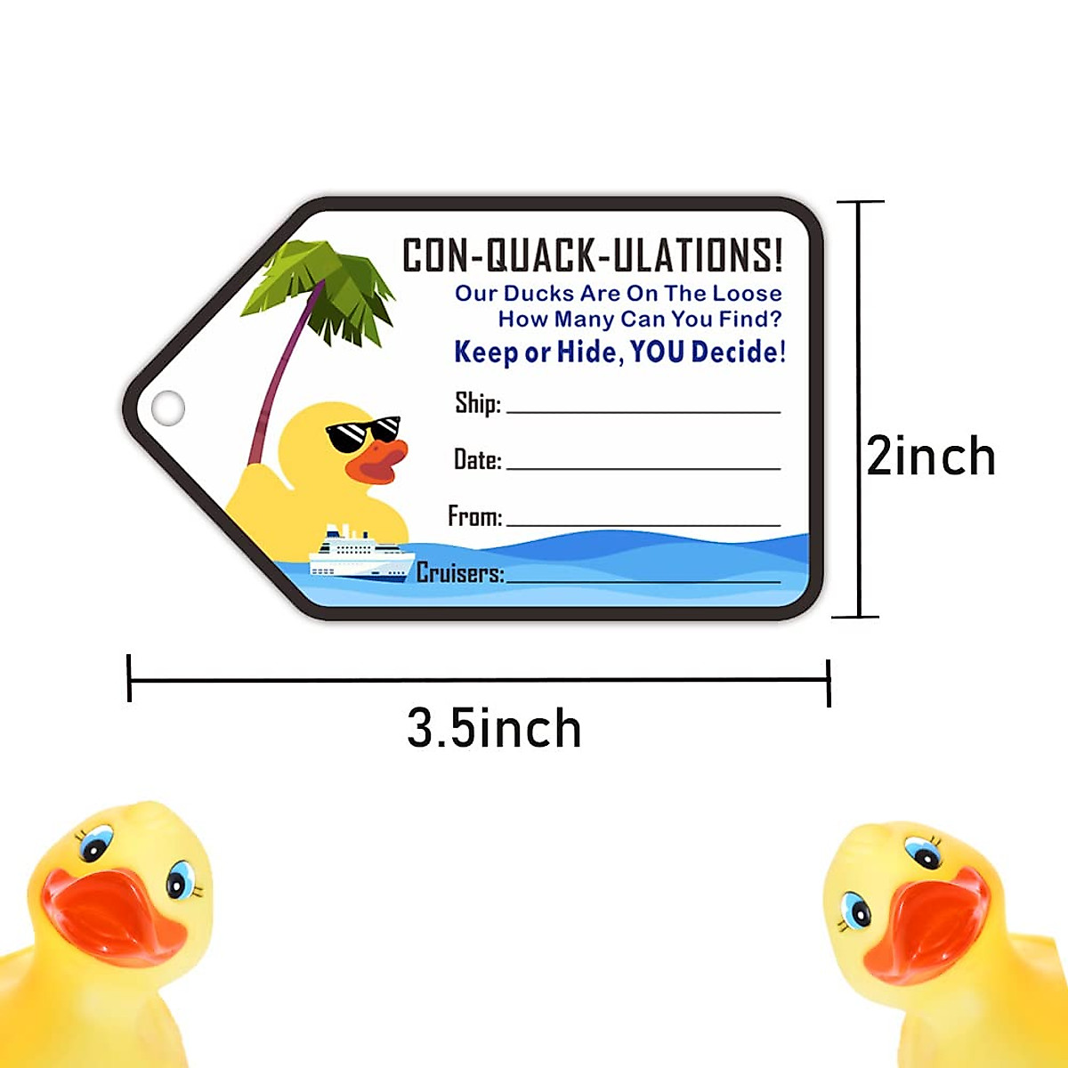 Duck Duck Tags, Cruising Rubber Duck Tag, Ducking Game Cards, 35 Pack, 2.2 x 3.5 Inches, with Hole and 35 Rubber Bands