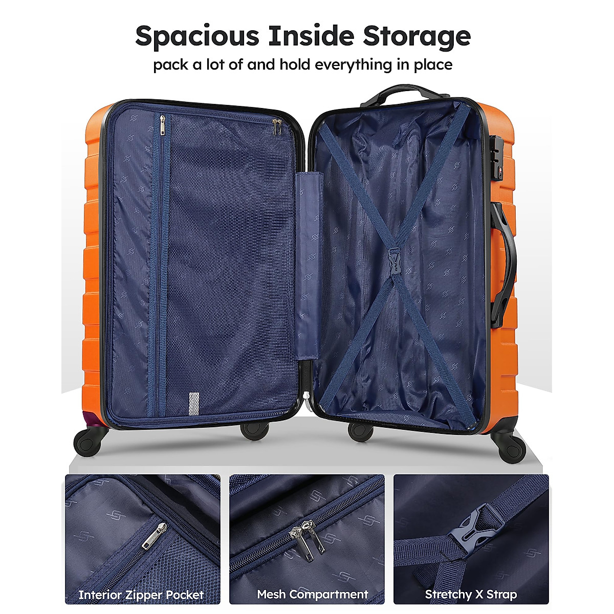 Suitour Luggage 3 Piece Sets Hard Shell Luggage Set with Spinner Wheels, TSA Lock, 20 24 28 inch Travel Suitcase Sets, Orange