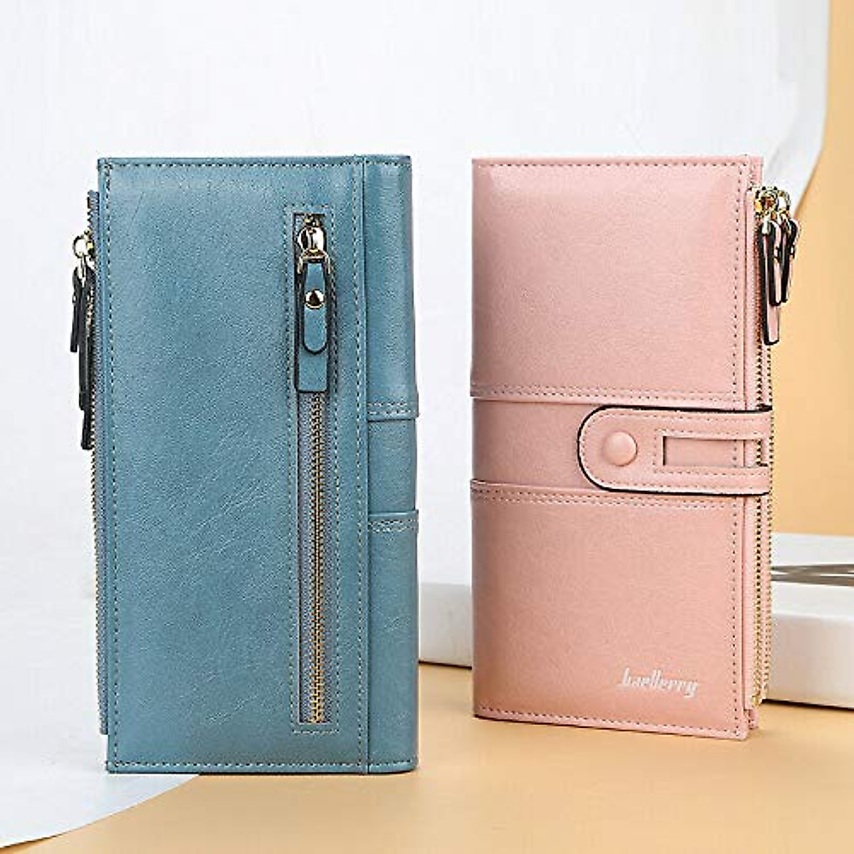 MICROSEVEN Women's Women Large Capacity Leather Double Zipper Long Purse Wallet Phone Bag (Baby Pink)