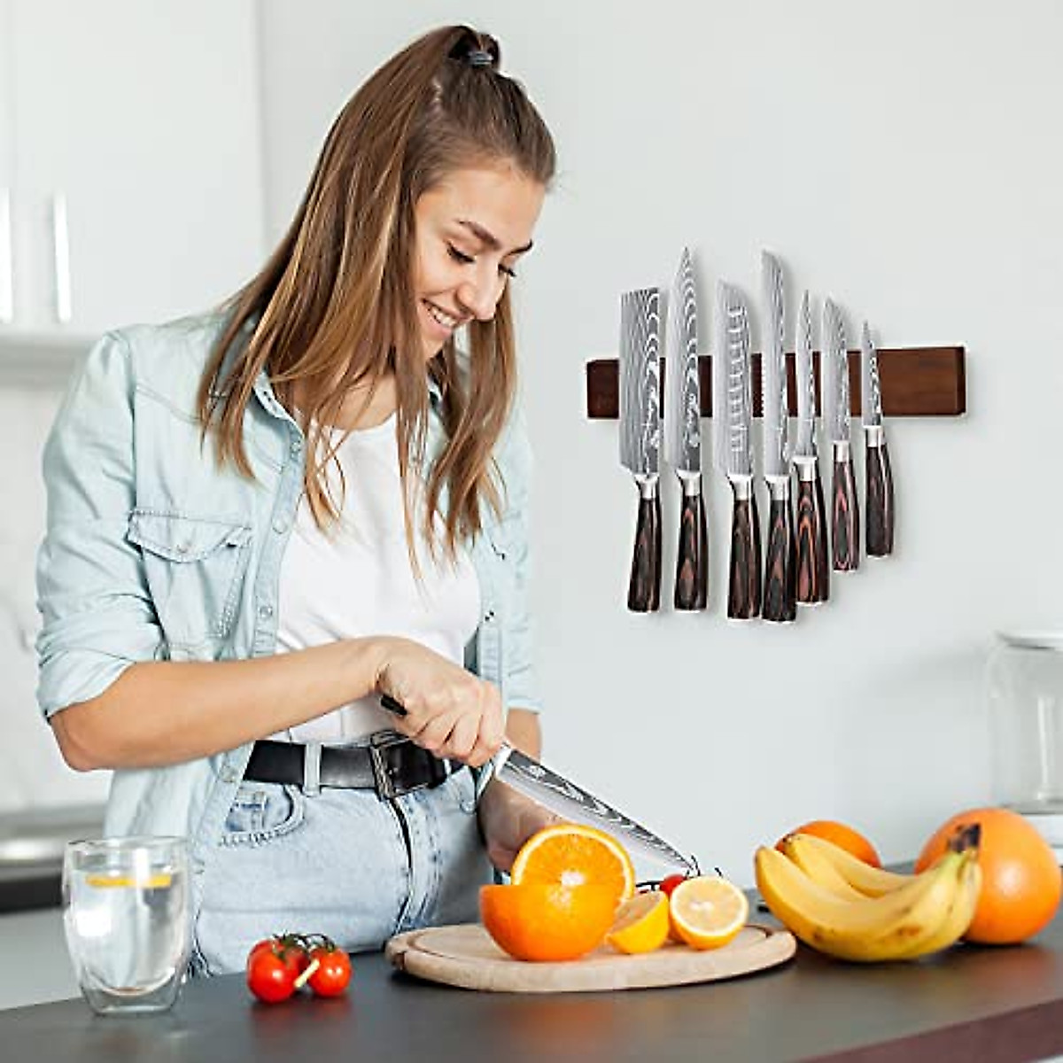 SENKEN Acacia Wood Magnetic Knife Strip - Wall Mounted Holder for Knife Set - Wooden Magnetic Knife Holder for Wall - Extra Large 15.75" Length Knife Rack, Includes Adhesive Tape to Install on Tile