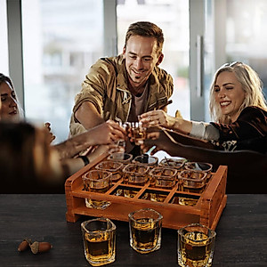 BARGIFTS 12pc Shot Glass Set,Party Server Shot Glasses Set with Rustic Rufous Wood Serving Tray,Crystal Shot Glass for Whiskey, Party & Collection