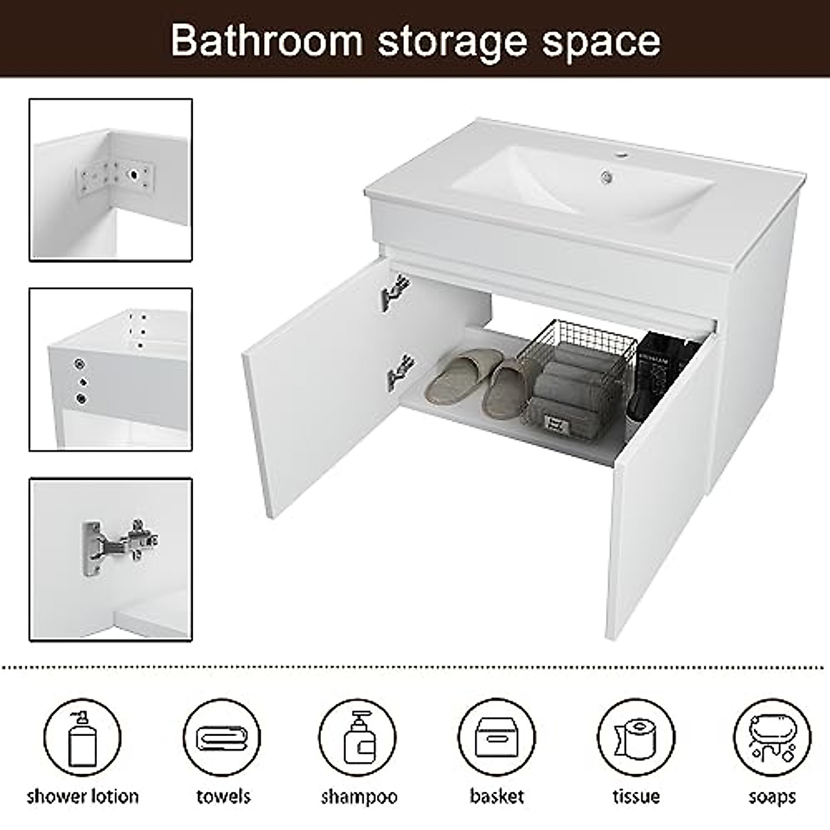 30" Floating Bathroom Vanity with Sink Combo, Wall Mounted Bathroom Vanity Cabinet with Two Soft Close Doors, Wood Bath Vanity with White Ceramic Basin Sink Top for Home Furniture, 30 Inch White