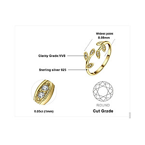 JewelryPalace Olive Leaf Cubic Zirconia Open Adjustable Rings, 14K Yellow Gold Plated 925 Sterling Silver Rings for Women, Simulated Diamond Cuff Finger Thumb Band Ring, Womens Jewelry Gifts
