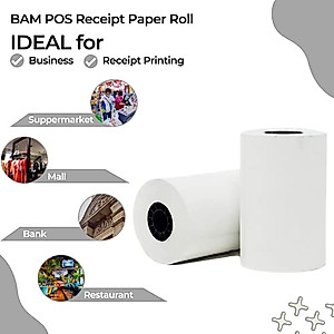BAM POS 2 1/4" x 85' Thermal Receipt Paper - BPA Free, Shrink Wrapped Rolls - Compatible With Clover Mini, Mobile, First Data FD130, FD50, FD55, Verifone Omni 3200, 3210, 3300 - Pack of 10 Rolls