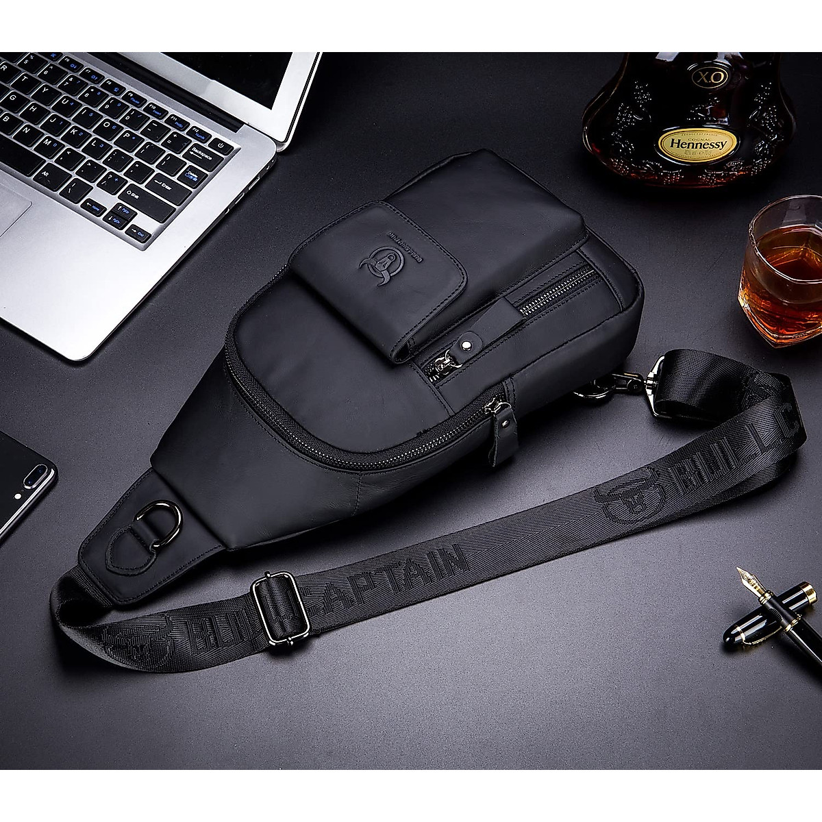 BULLCAPTAIN Genuine Leather Sling Bag for Men Multi-pocket Casual Travel Crossbody Chest Bag Hiking Backpacks (Black)