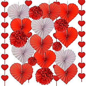 20pcs Valentines Day Decorations Set, Valentines Red Heart Paper Fans, Red Hearts Shaped Felt Garland Banner, Red Paper Pompoms Valentines Accessories for Valentines Anniversary Wedding Mother Day