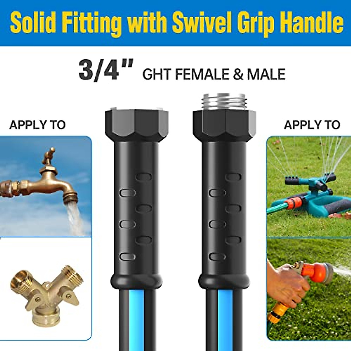 GREENER Heavy Duty Garden Hose 50ft, 5/8" Flexible Hybrid Rubber Hose, Kink-resistant Water Hose with Leakproof Swivel Grip, 3/4in Solid Fittings and Functional Nozzle, For Outdoor Garden Lawn,Blue