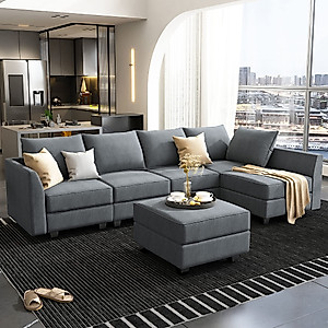 HONBAY Convertible L Shape Sectional Sofa Modular Sectional Couch with Reversible Chaise L Shaped Sofa 4 Seat Couch with Storage Ottoman, Bluish Grey