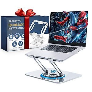 TechSync 360° Rotating Portable Laptop Stand for Desk, Aluminum Ergonomic Laptop Riser Adjustable height for MacBook & laptop up to 16" & Holds weight upto 22 lb, Swivel Laptop Holder Stand - Silver
