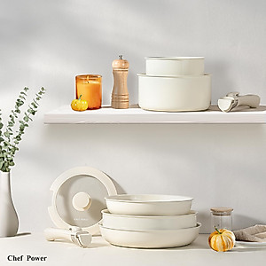 Chef Power Ceramic Cookware Set with Detachable Handles, Healthy Nonstick Pans and Pots Set 19 Pcs, Induction Dishwasher Oven Safe Kitchen Set, PFAS PFOA & PTFE Free, Cream White