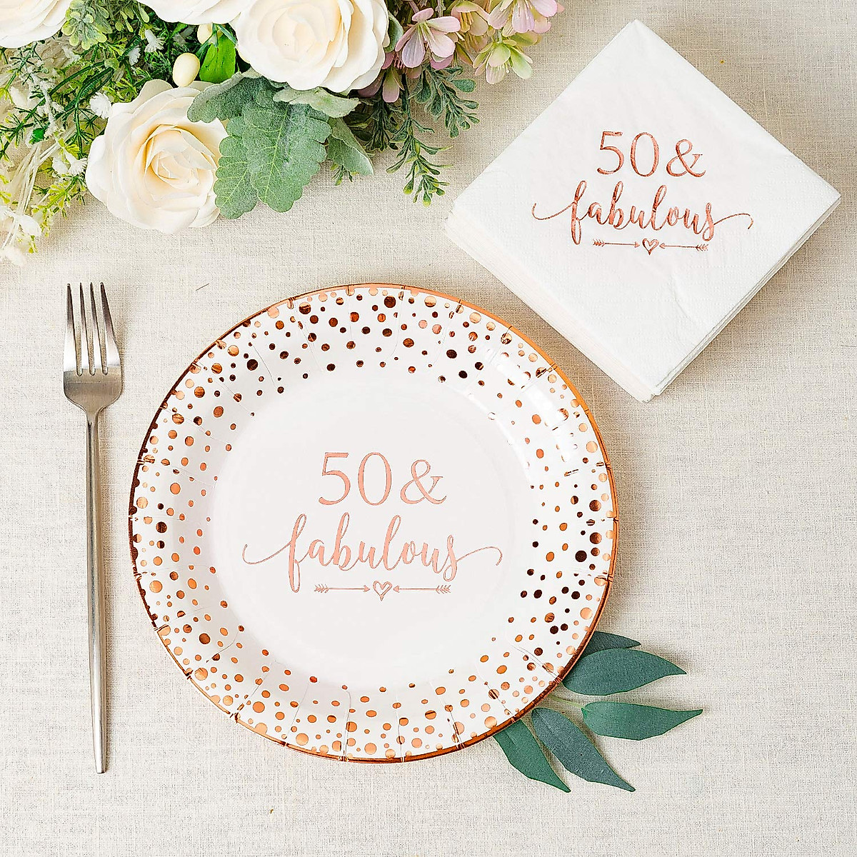Crisky 50 Fabulous Disposable Plates for Women 50th Birthday Decorations Rose Gold Dessert, Buffet, Cake, Lunch, Dinner Disposable Plates 50th Birthday Party Table Supples, 50 Count, 9 inches