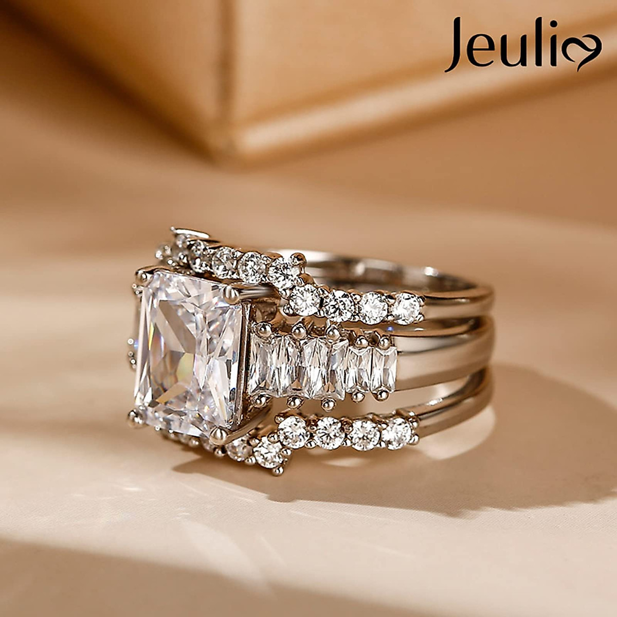 Jeulia 3 PC Wedding Ring Set 5.2ct Radiant Cut Moissanite Engagement Ring for Women 925 Sterling Silver Ring Cubic Zirconia Diamond Eternity Bands Anniversary Promise Ring Bridal Set (6)