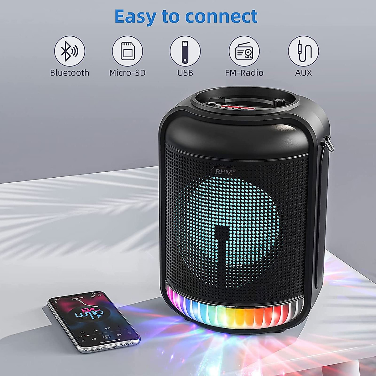 RHM K113 Karaoke Machine with 6 Color Change, Powerful Sound, Rechargeable Battery & A Wired Microphone, 6 Hours Playtime, Support Bluetooth/AUX/USB/TF/FM/REC, for Home/Party/Picnic/Outdoor Actives