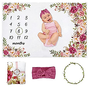 Yokakio Baby Monthly Milestone Blanket Girl, Milestone Blanket for Baby Girl, Track Growth and Age, Newborn Shower Gifts for Mom, Includes Floral Wreath & Pink Bow Headband, 60" X 40"