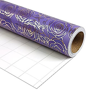 LDGOOAEL Mini Short Small Wrapping Paper Roll - Reversible Design (17" X 120") - Purple Rose with Metallic Gold Foil for Holiday, Mothers Day, Birthday, Wedding, Baby Shower